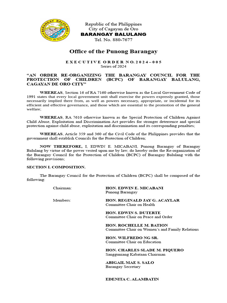 Executive Order No. 2024-005 - Reorganization BCPC | PDF | Government ...