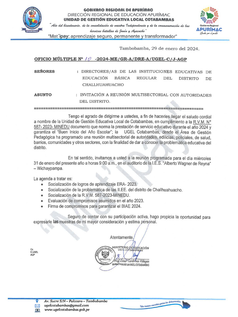 Oficio Mùlt, 010-2024-DIRECTIVOS | PDF