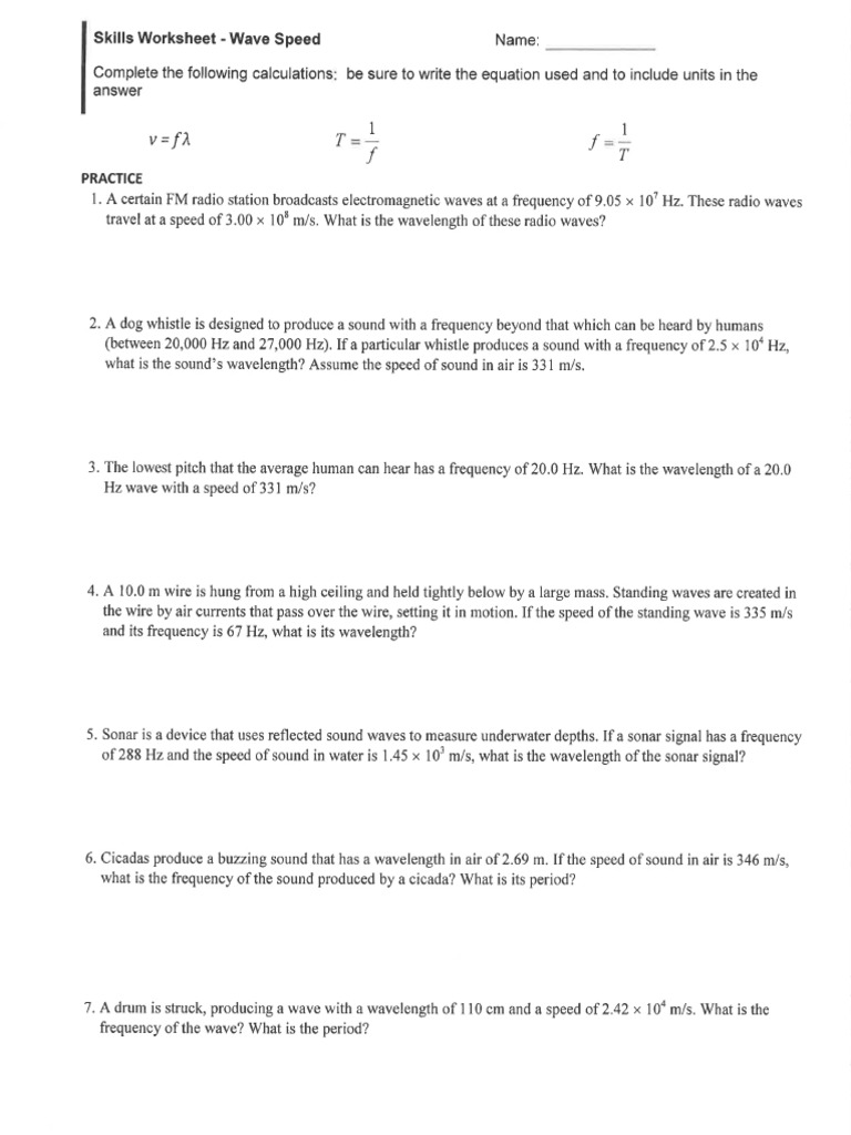 Math Skills - Wave Speed and KEY | PDF