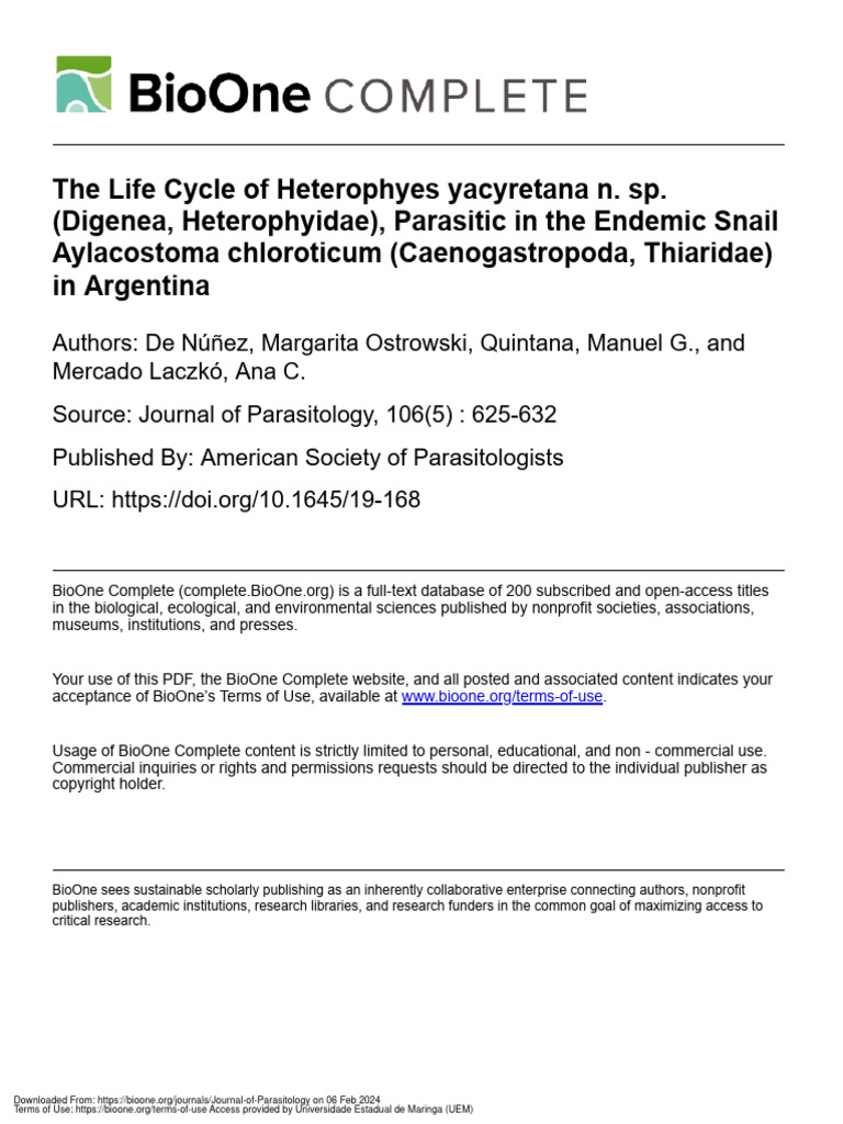 Núñez Et Al. - 2020 - The Life Cycle of Heterophyes Yacyretana N. Sp ...
