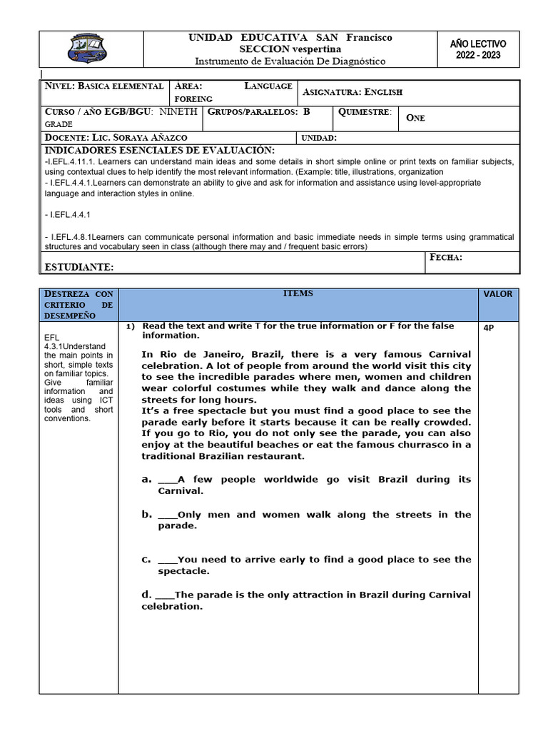 Diagnostica Nineth 2022 - 2023 Nueva | PDF | Learning | Cognitive Science