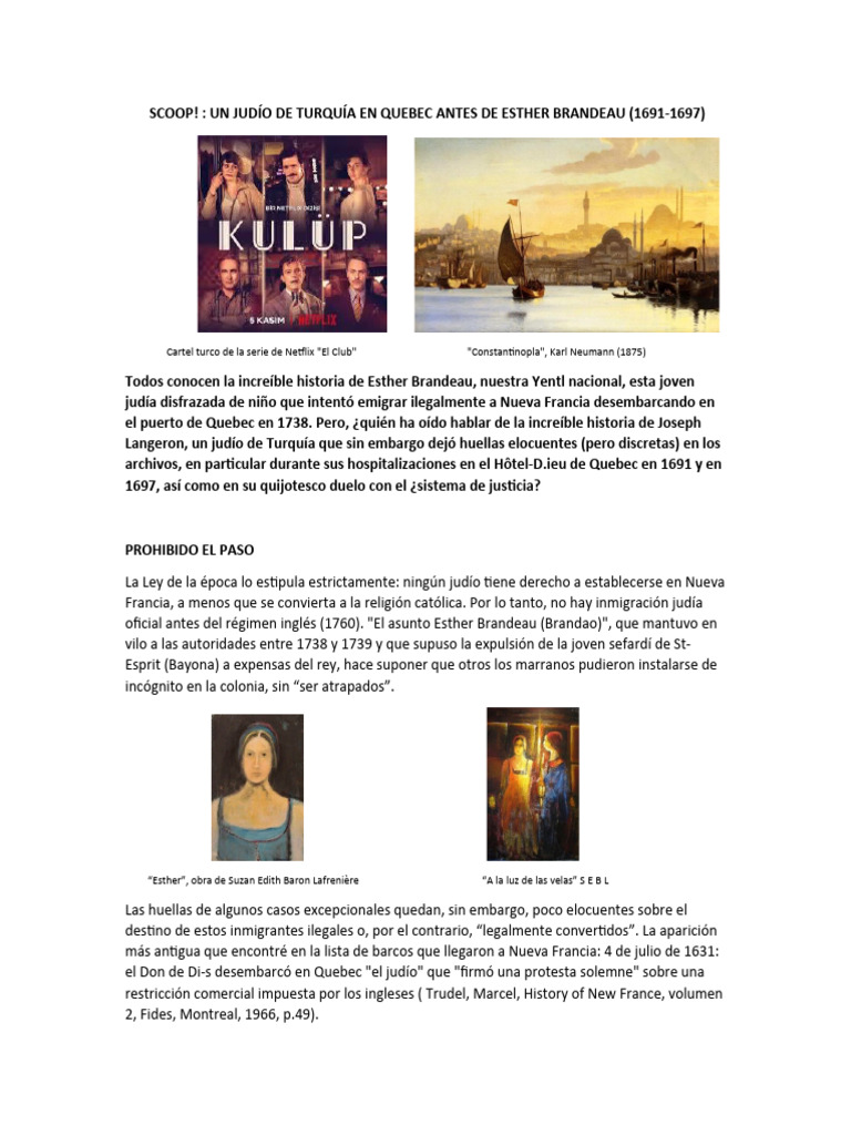 EXCLUSIVA! Un Judio de Turquia en La Ciudad de Québec Antès de Esther Brandeau (1691-1697) | PDF ...