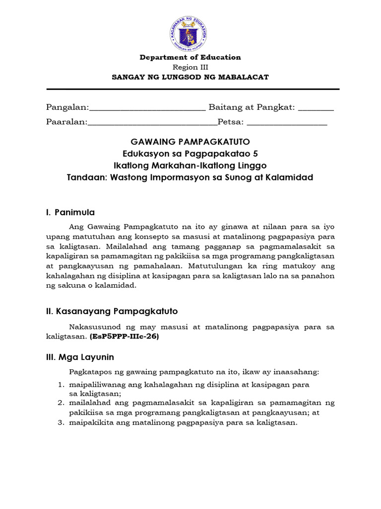 ESP5 Q3 WK3 Tandaan Wastong-Impormasyon Sa Sunog at Kalamidad - CQA.GQA - LRQA | PDF