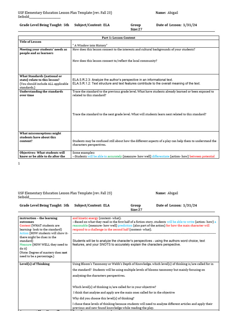 5th Grade ELA Lesson Plan Template | PDF | Educational Assessment ...