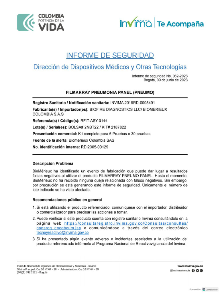 Informe de Seguridad - 062-2023 - FILMARRAY PNEUMONIA PANEL (PNEUMO) | PDF
