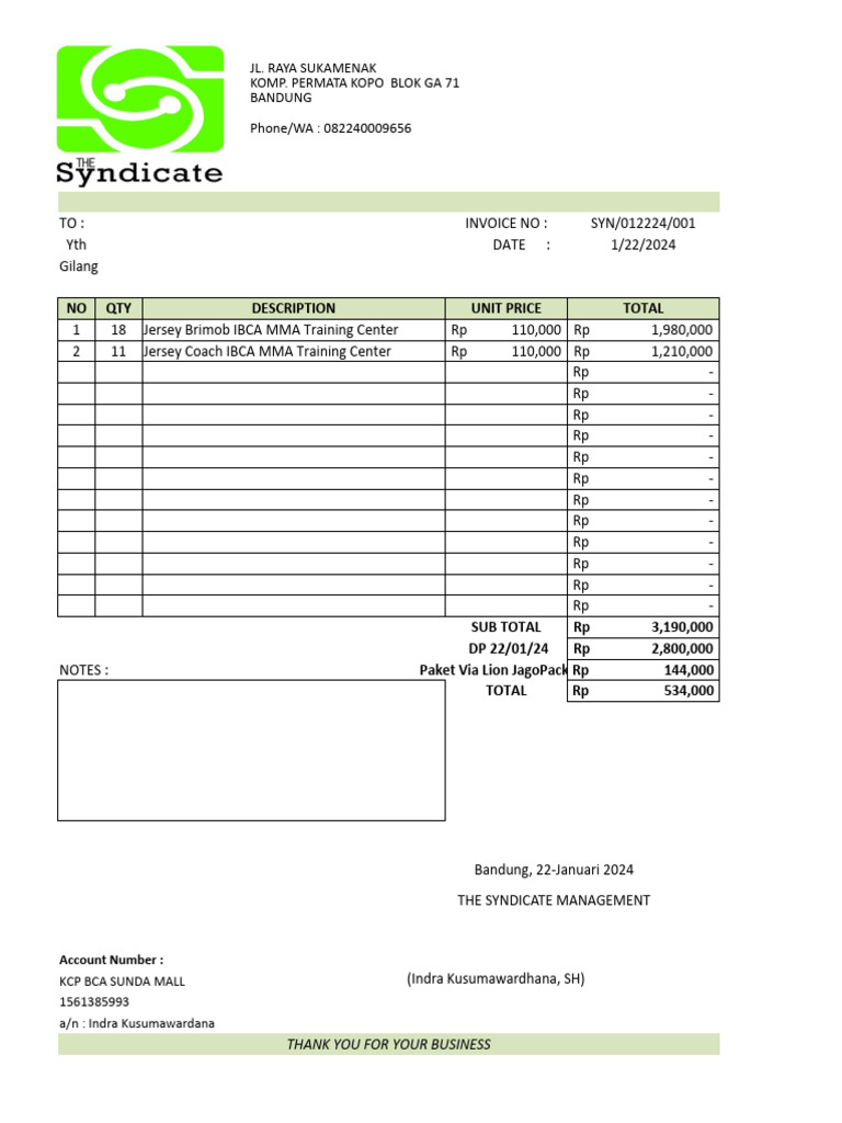 MMA Training Jersey Invoice 2024 | PDF