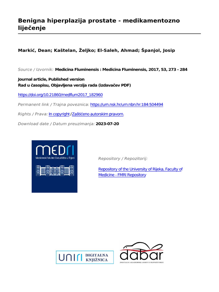 Markic 2017 Benigna - Hiperplazija - Prostate - Medikamentozno Medri ...