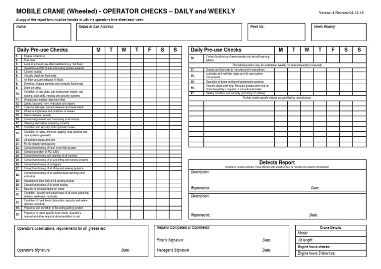 Mobile Crane Operator Daily Checklist | PDF | Crane (Machine) | Transport