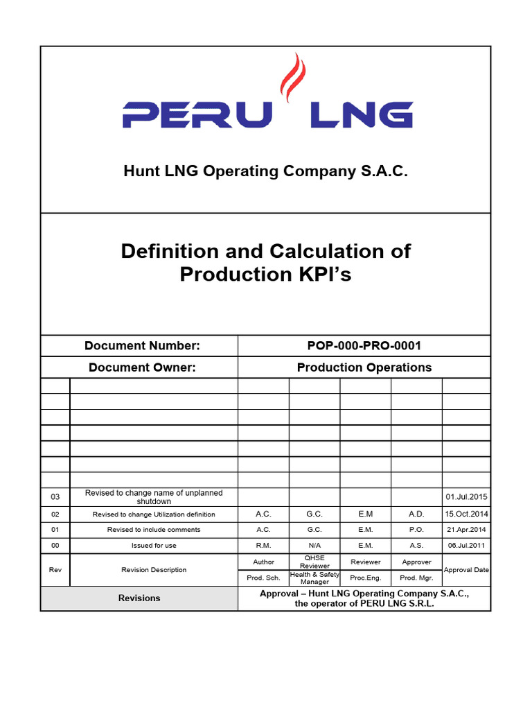 Definition and Calculation of Production KPI's: Hunt LNG Operating ...