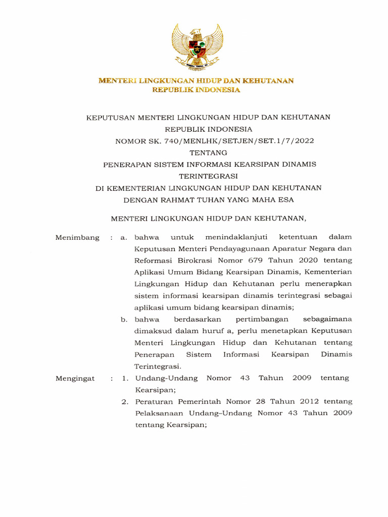 SK MENLHK NO.740 TAHUN 2022-Penerapan Srikandi KLHK | PDF