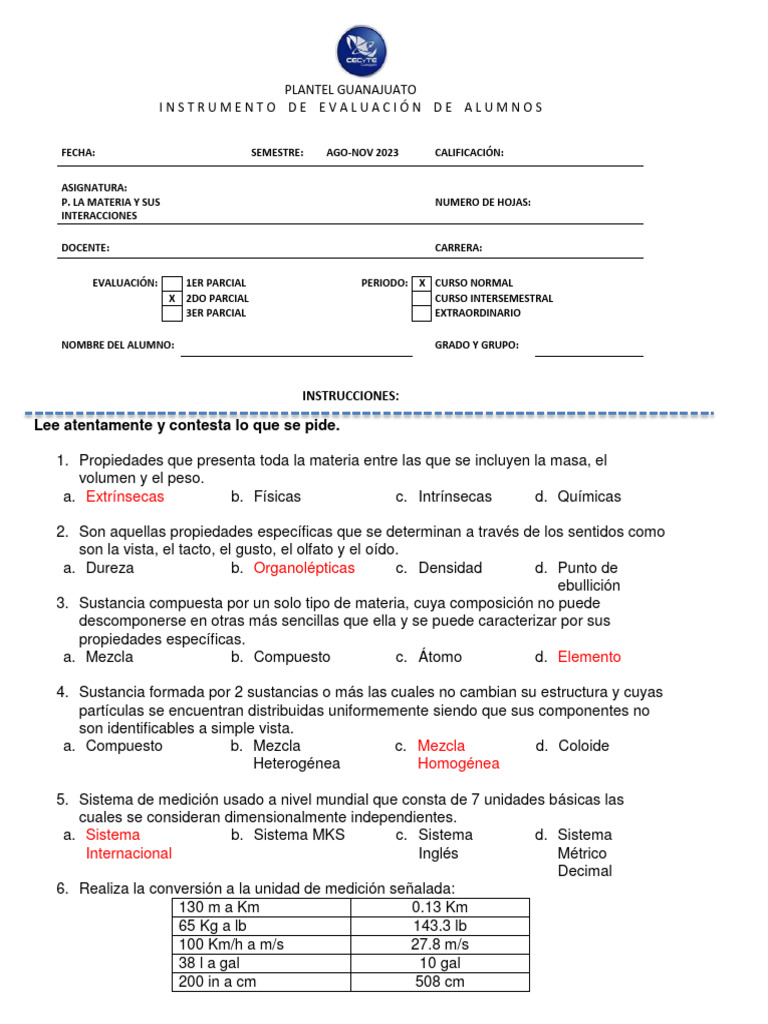 2do Examen Parcial - La Materia y Sus Interacciones Respuestas | PDF | Líquidos | Importar