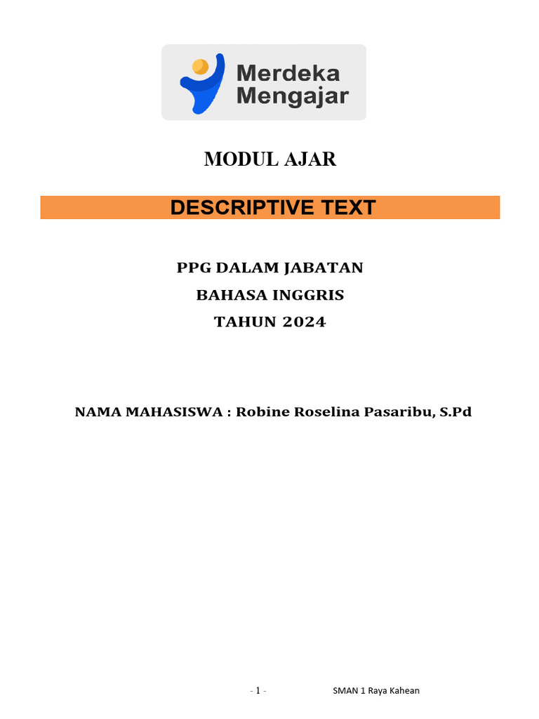 Modul Ajar Descriptive Teks Siklus 2 Robine Pasaribu | PDF | Karier & Perkembangan