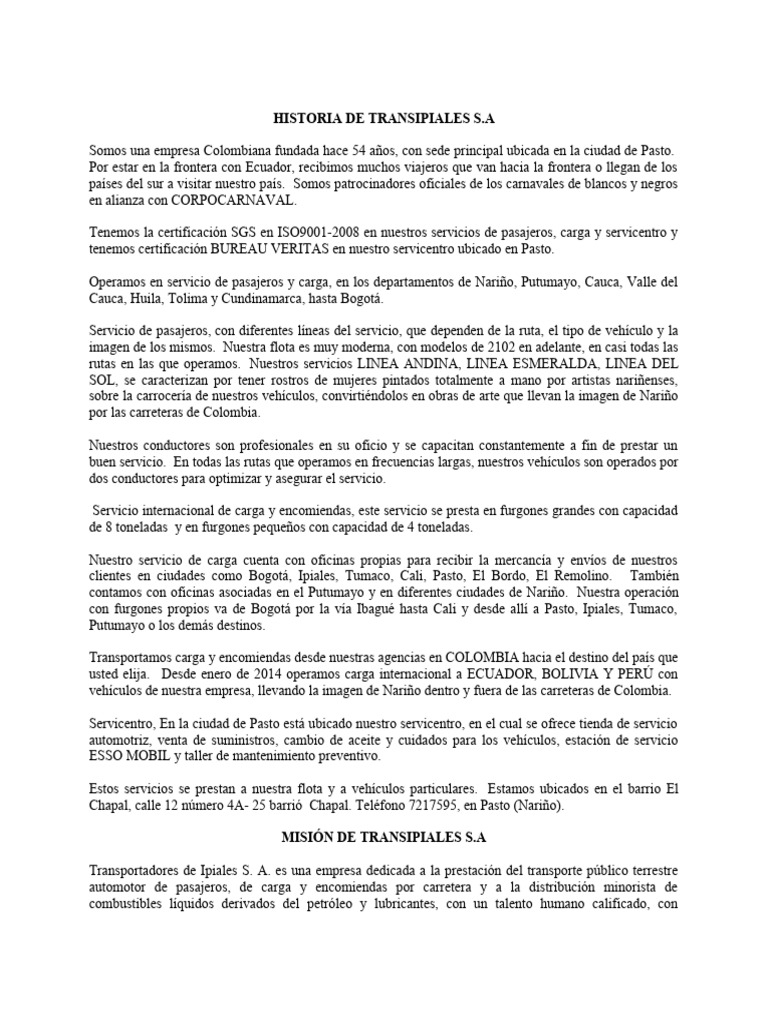 Historia y Servicios de Transipiales S.A. | PDF