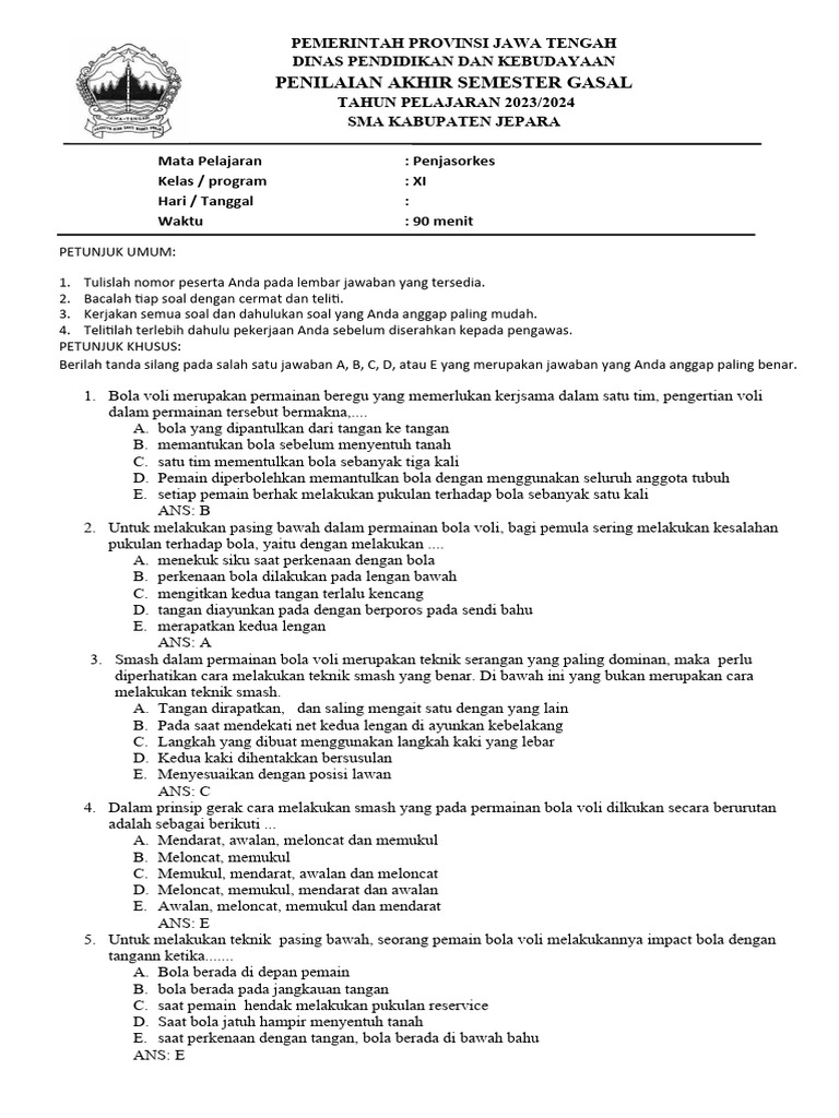 Soal Pas Gasal Pjok Kelas Xi 2023-2024 | PDF
