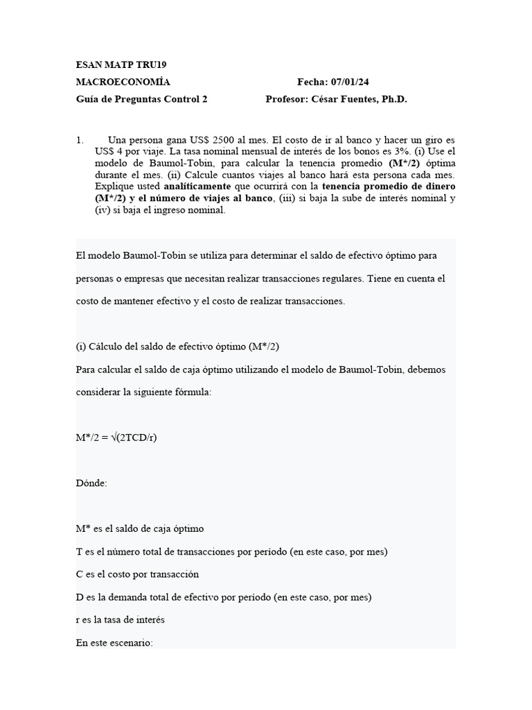 Modelo Baumol-Tobin: Cálculo y Análisis | PDF | Bancos | Tasas de interés