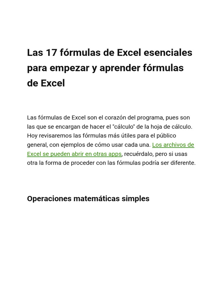 17 Fórmulas de Excel Esenciales | PDF | Informática | Matemáticas