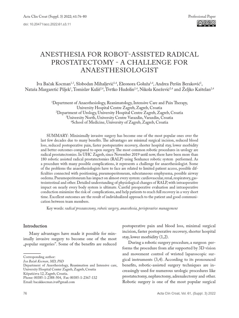 Anesthesia For Robot-Assisted Radical Prostatectomy A Challenge For ...