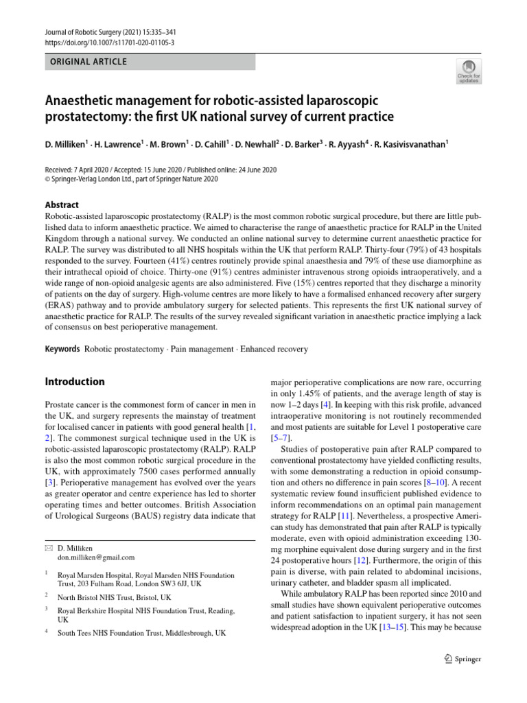 Anaesthetic Management For Robotic Assisted Laparoscopic Prostatectomy The First Uk National