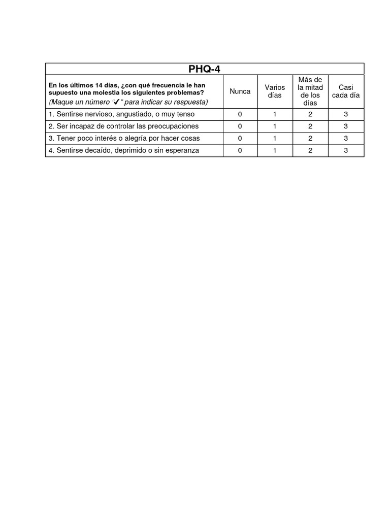 Cuestionario PHQ-4 en Español | PDF | Relaciones personales, crianza y ...