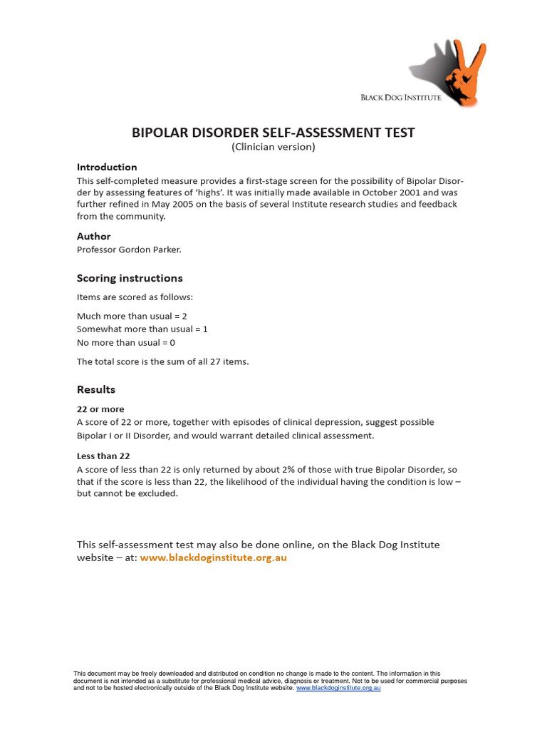 Bipolar Disorder Self-Assessment Test: (Clinician Version) | PDF ...
