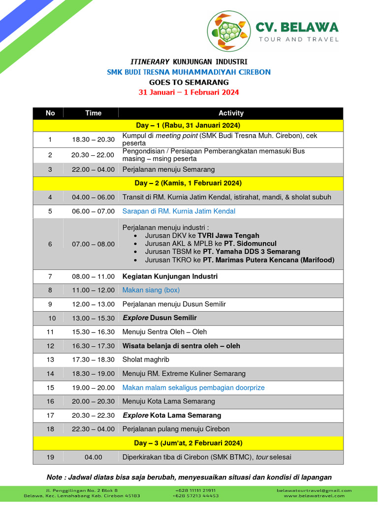2024-Itinerary-Ki Semarang SMK BTMC New | PDF
