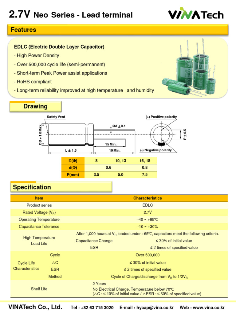 2.7V Neo Series EDLC Specifications | PDF | Capacitor | Physical Quantities