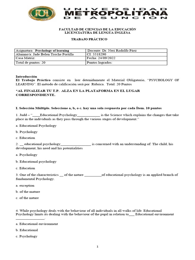 Trabajo Práctico Psychology of Learning 20 Puntos | PDF | Learning | Educational Psychology
