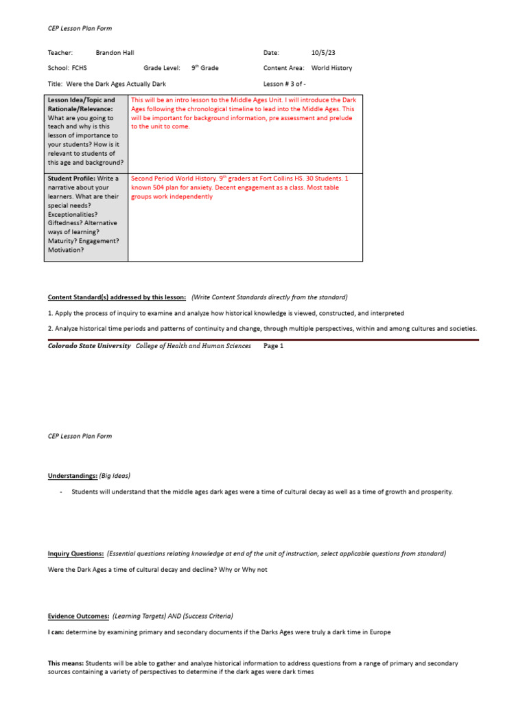 Dark Ages Intro Lesson | PDF | Lesson Plan | Teachers