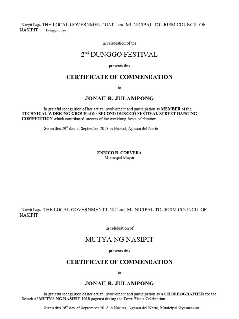 Certificate of Commendation: Dunggo Festival | PDF