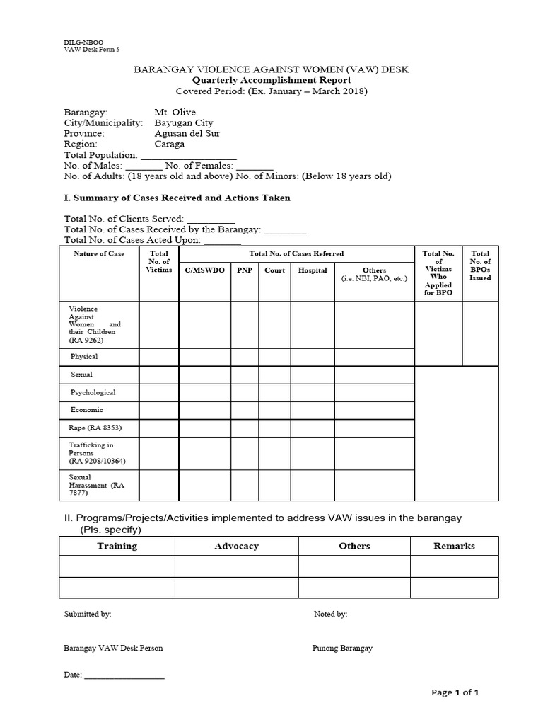 Brgy VAW Desk Report Template Quarterly | PDF