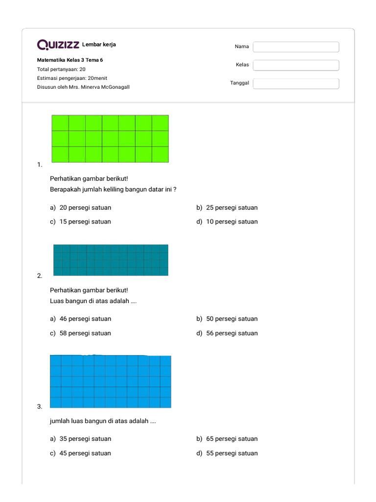 Matematika Kelas 3 Tema 6 - Quizizz | PDF