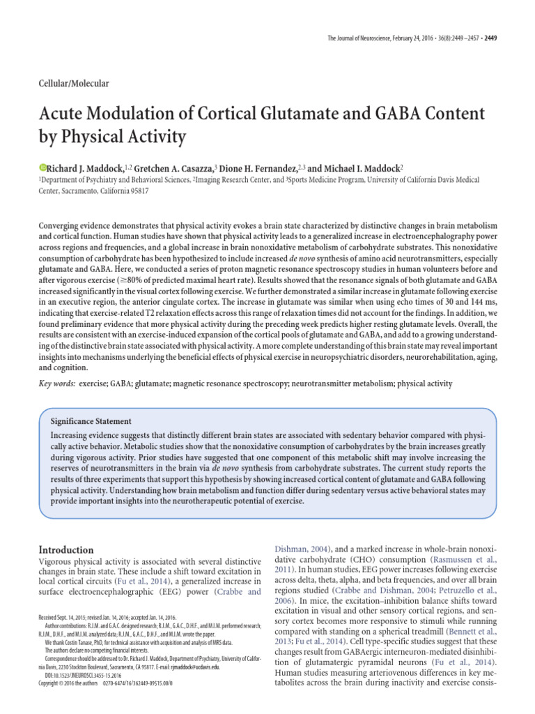 Acute Modulation of Cortical Glutamate and GABA Content by Physical Activity | PDF