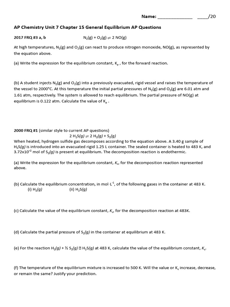 AP Chemistry Equilibrium Problems | PDF | Chemical Reactions | Carbon ...