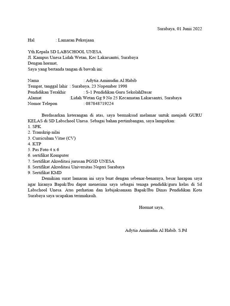 Lamaran Guru SD Labschool Unesa | PDF | Karier & Perkembangan