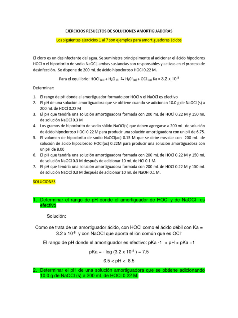 Ejercicios de Soluciones Amortiguadoras | PDF | Solución tampón | Ácido