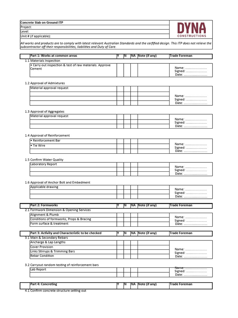 Concrete Slab On Ground ITP Temeplate | PDF | Concrete | Building Technology