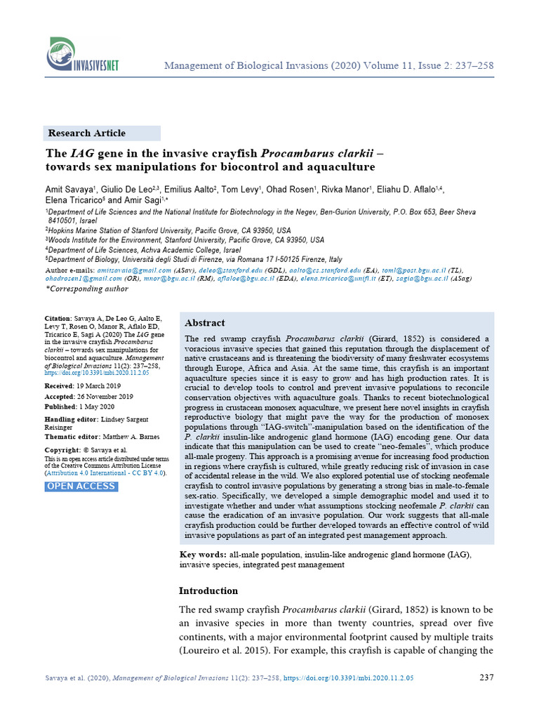 The IAG Gene in The Invasive Crayfish Procambarus Clarkii - Towards Sex ...