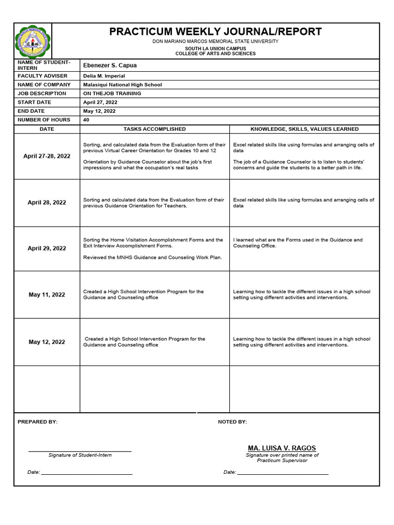 PRACTICUM WEEKLY REPORT Ebz | PDF