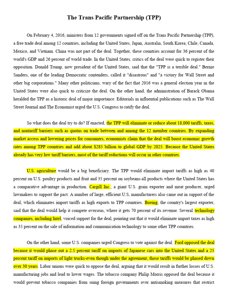 Case Study - The Trans Pacific Partnership (TPP) | PDF | Trans Pacific Partnership | Tariff