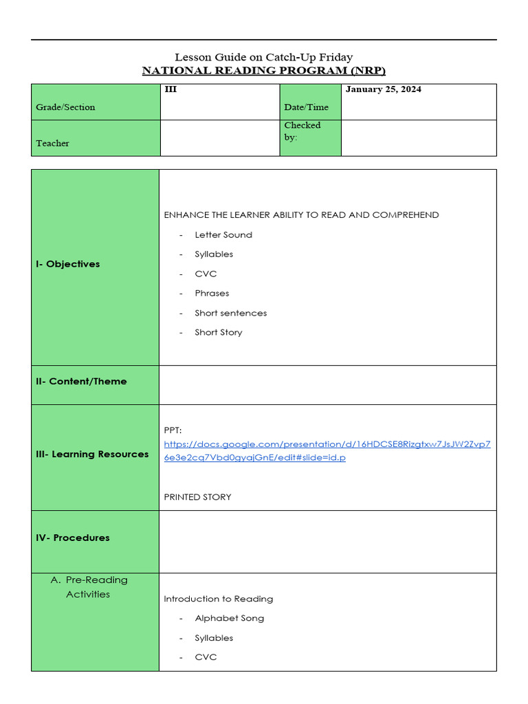 Catch-Up Friday Reading Lesson Plan | PDF