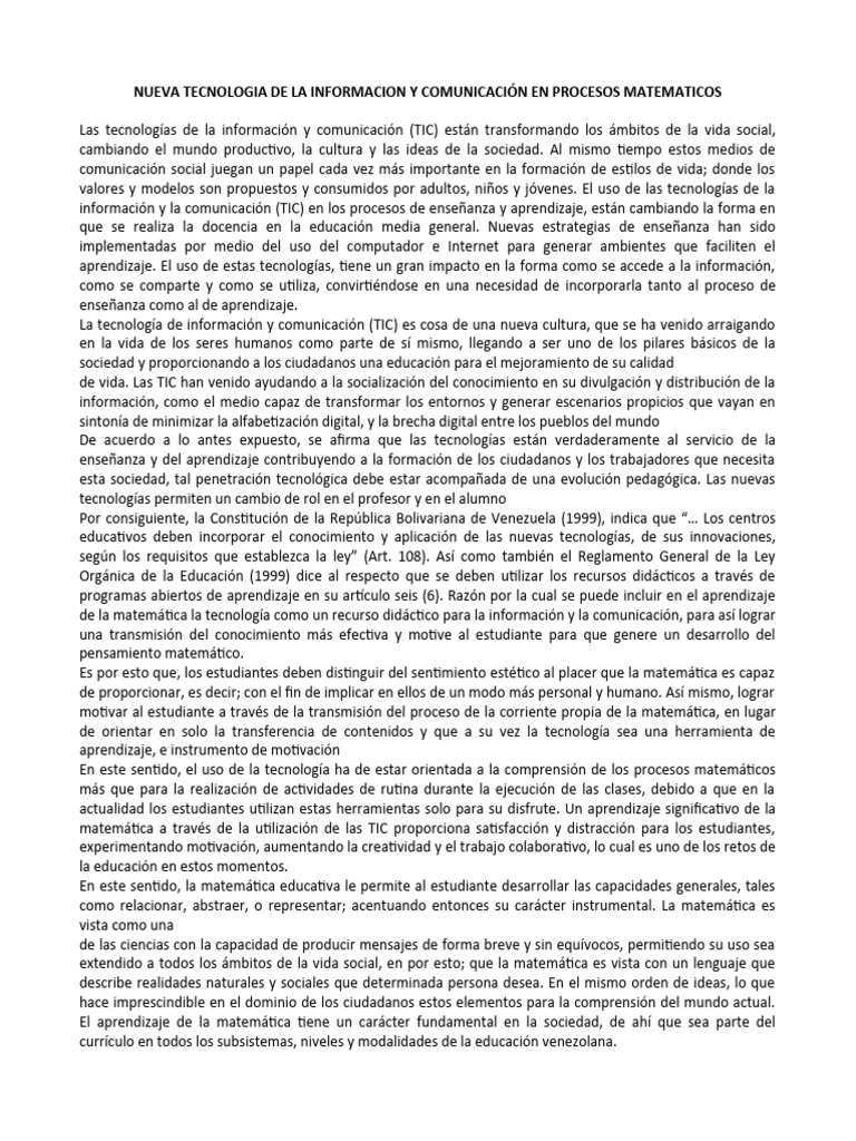 NUEVA TECNOLOGIA DE LA INFORMACION Y COMUNICACIÓN EN PROCESOS MATEMATICOS | PDF | Tecnología de ...