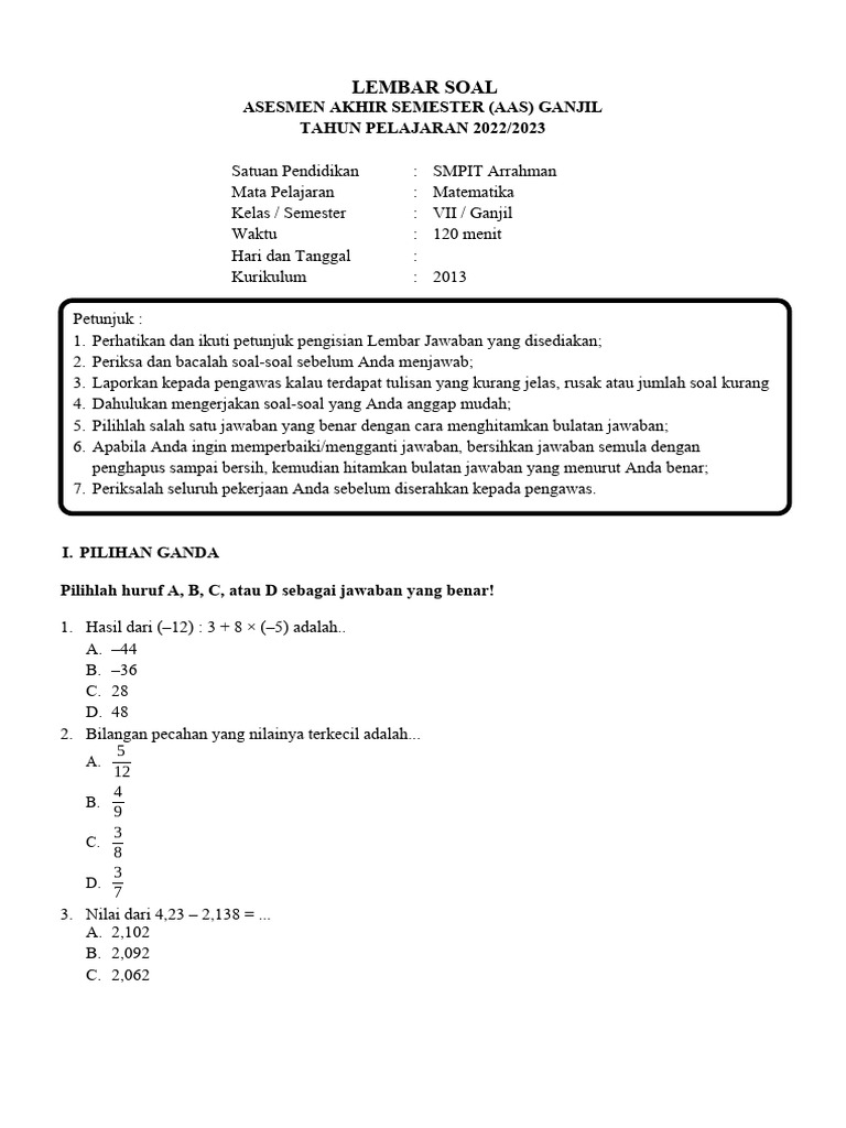 Naskah Soal AAS Ganjil MTK Kelas 7 SMPIT Arrahman | PDF