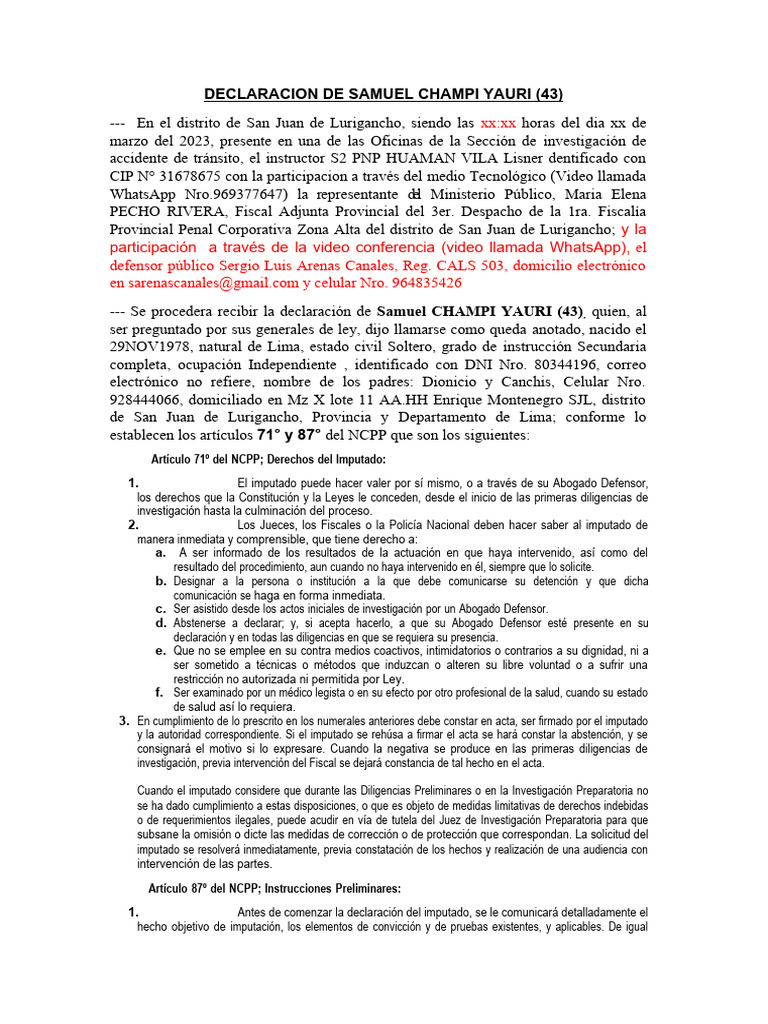Declaracion de Samuel Champi Yauri | PDF | Fiscal | Justicia
