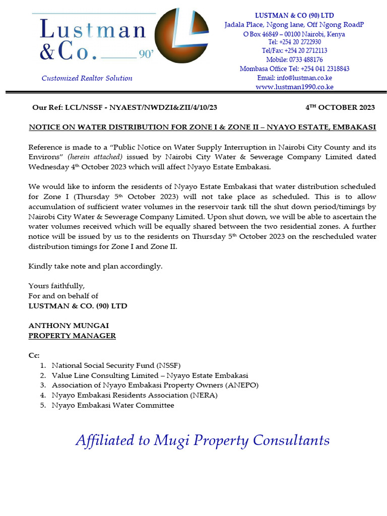 Notice On Water Distribution For Zone I & Zone II - Nyayo Estate ...