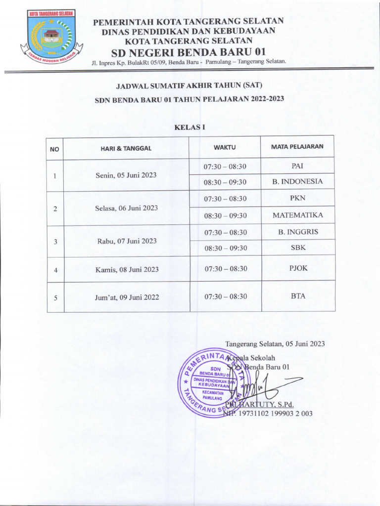 Jadwal PAT Kelas 1 | PDF