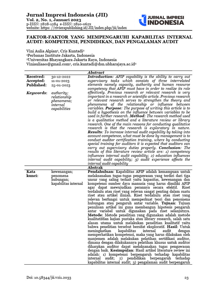 Faktor-Faktor Yang Mempengaruhi Kapabilitas Internal Audit Kompetensi, Pendidikan, Dan ...
