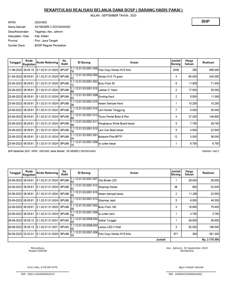 Rekap BHP Sept | PDF
