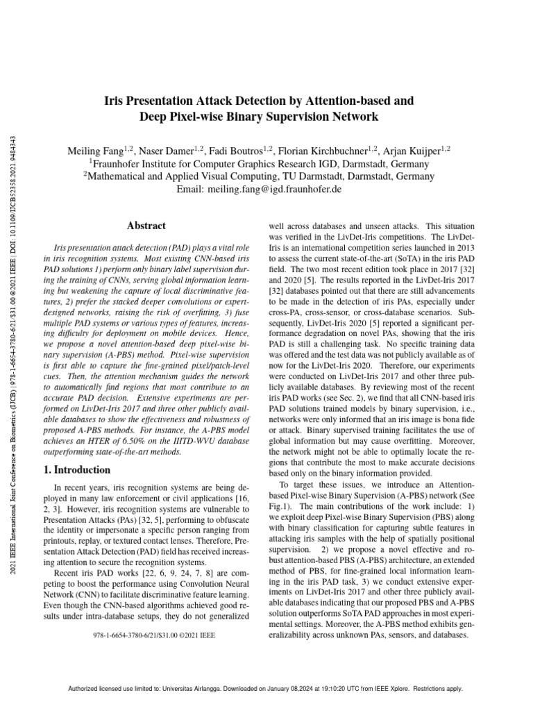 Iris Presentation Attack Detection by Attention-Based and Deep Pixel-Wise Binary Supervision ...