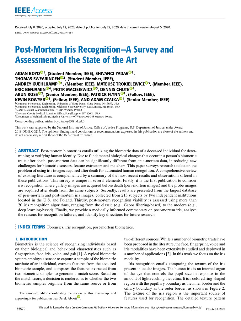 Post-Mortem Iris RecognitionA Survey and Assessment of The State of The Art | PDF | Biometrics