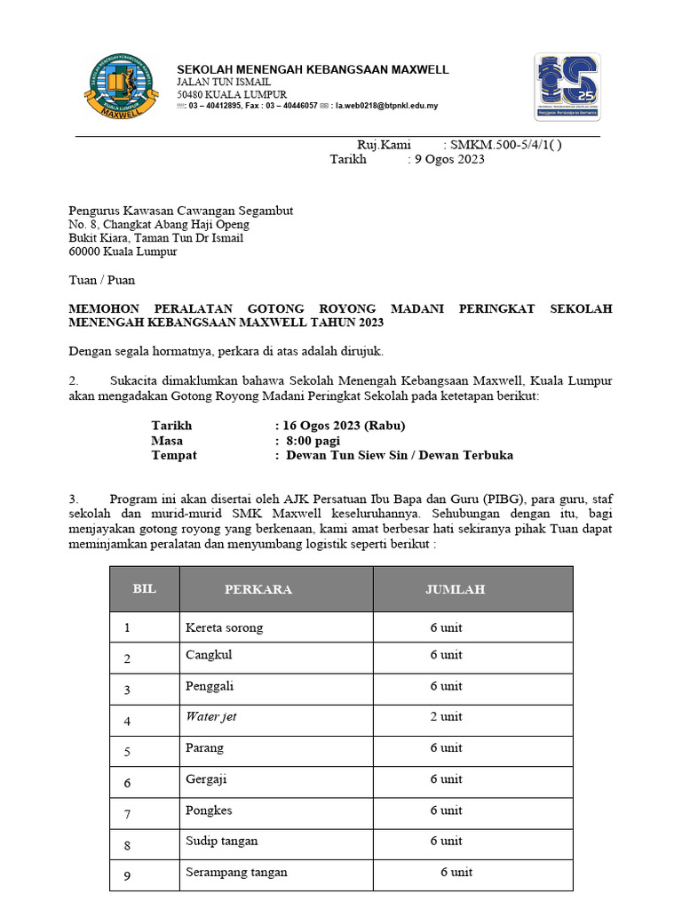 Surat Permohonan Peralatan Kepada DBKL Gotong Royong Madani 2023 | PDF